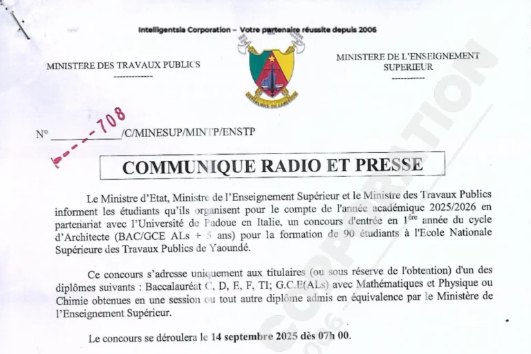 Concours Polytechnique Douala 1ere année 2025