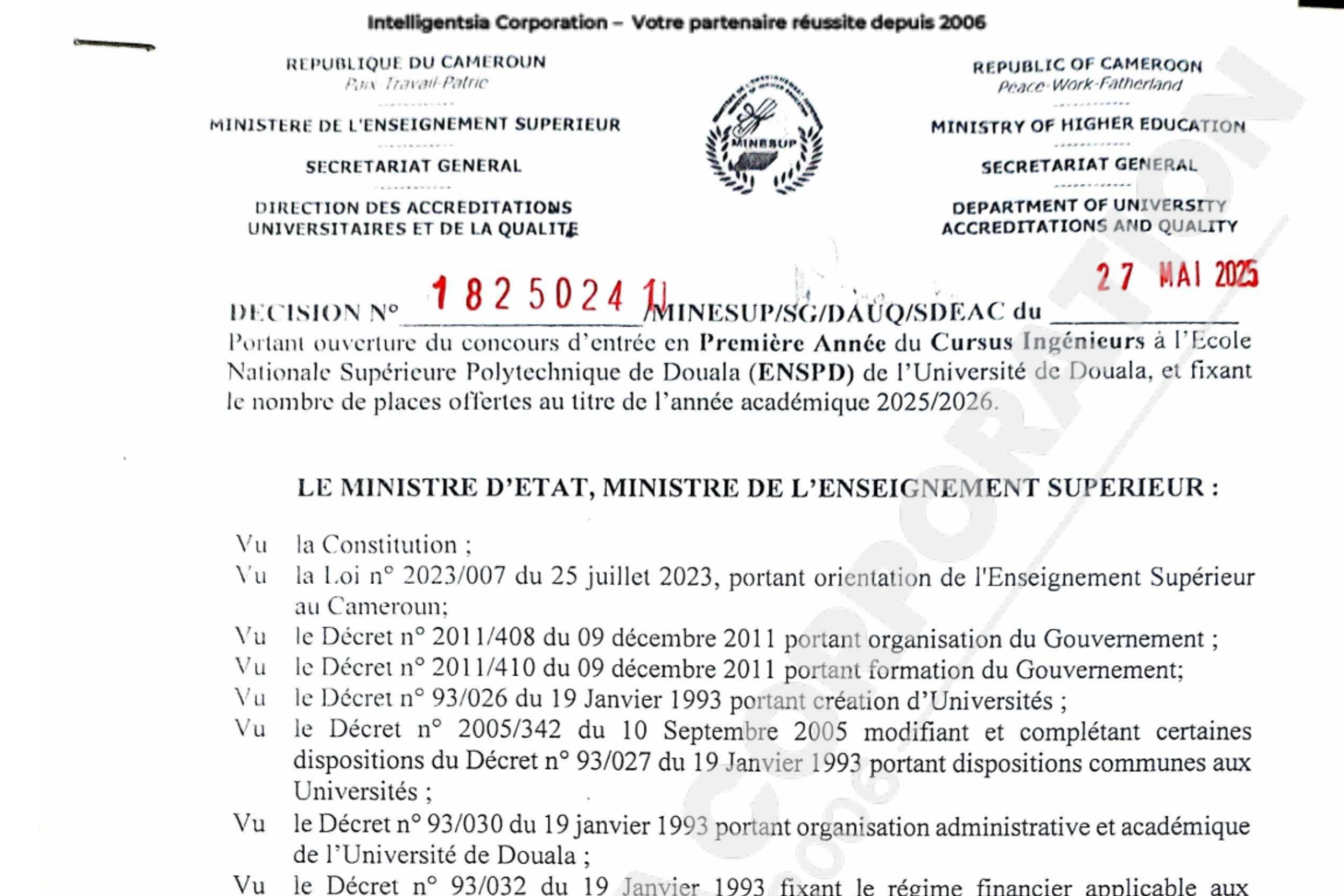 Concours Polytechnique Douala 1ere année 2025